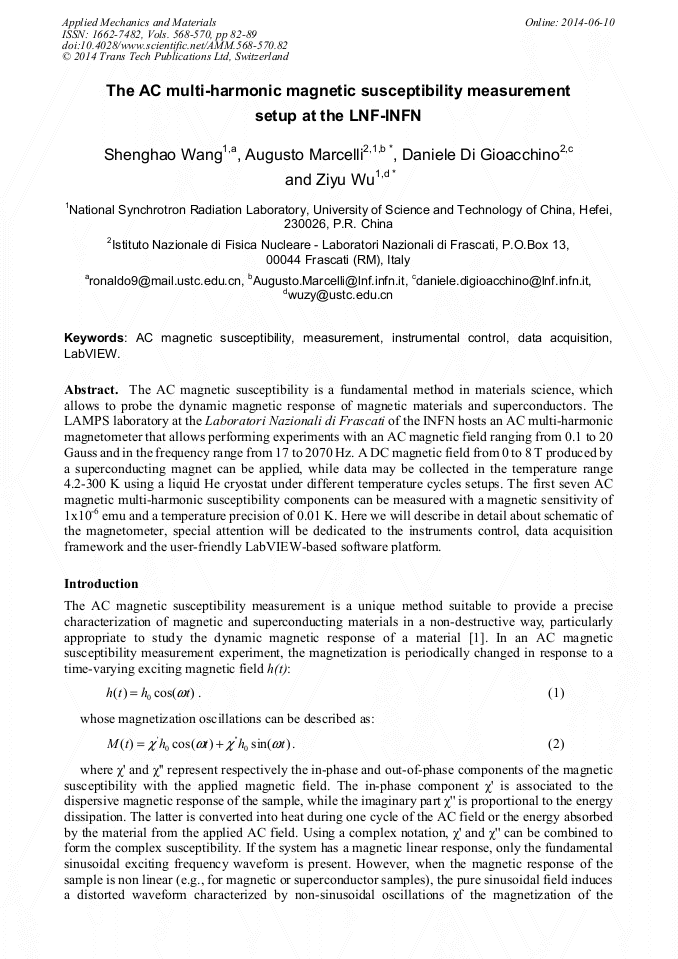 The AC Multi-Harmonic Magnetic Susceptibility Measurement Setup at the ...