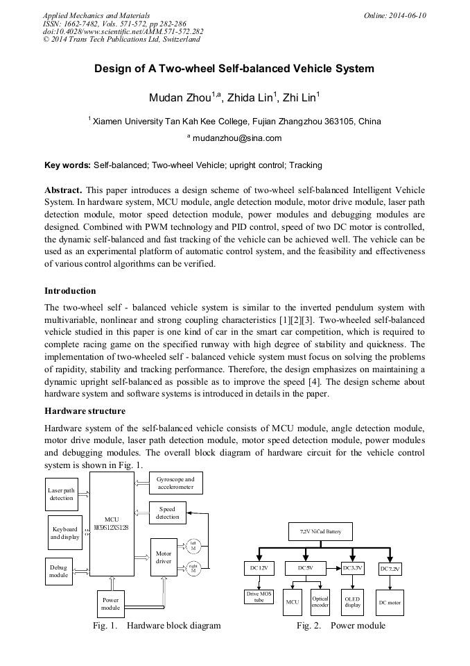 Design of a Two-Wheel Self-Balanced Vehicle System | Scientific.Net