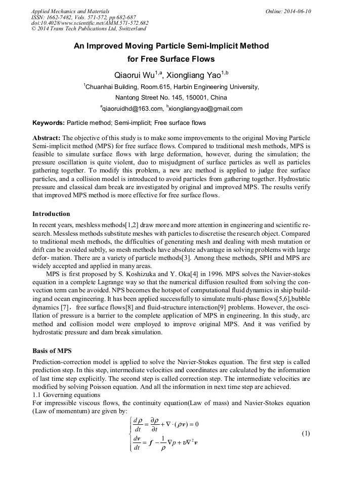 An Improved Moving Particle Semi-Implicit Method for Free Surface Flows | Scientific.Net
