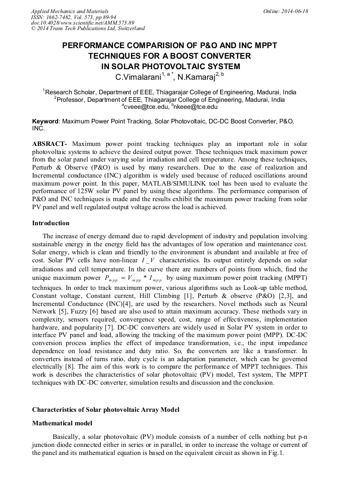 Performance Comparision of P&O and INC MPPT Techniques for a Boost ...