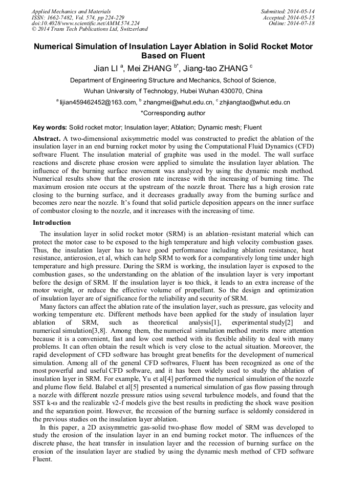 Numerical Simulation of Insulation Layer Ablation in Solid Rocket Motor ...