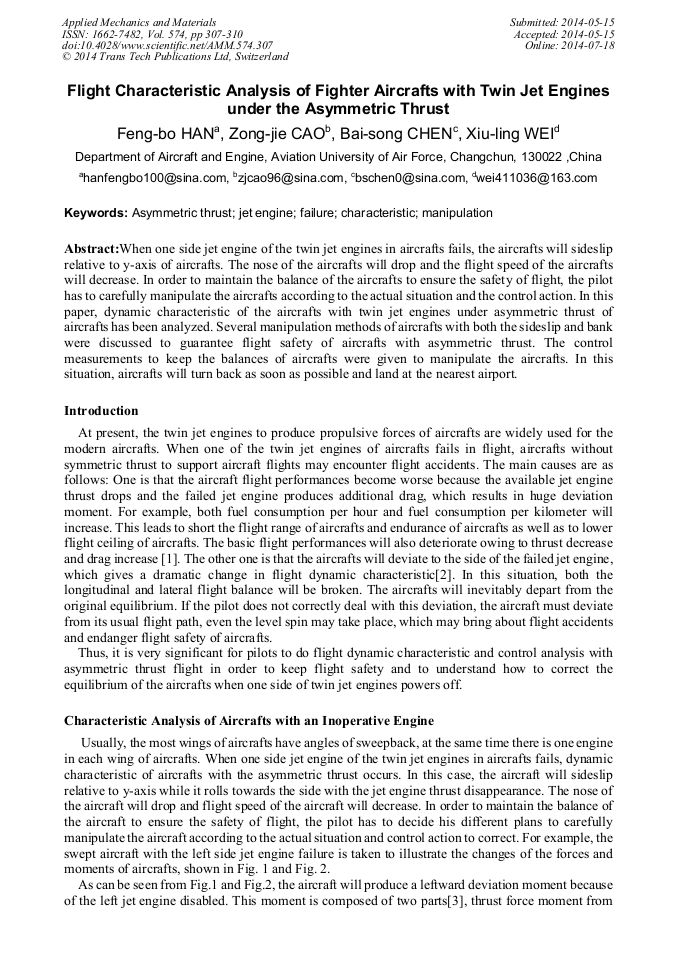 Flight Characteristic Analysis of Fighter Aircrafts with Twin Jet ...