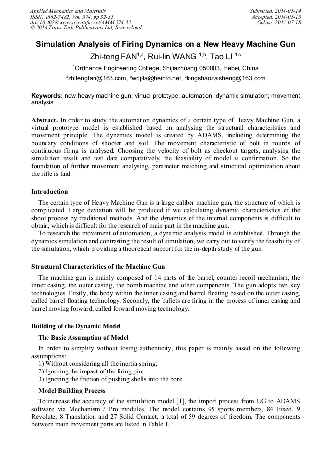 Simulation Analysis of Firing Dynamics on a New Heavy Machine Gun ...