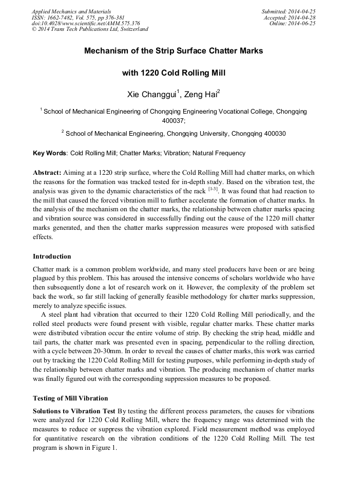 Mechanism of the Strip Surface Chatter Marks with 1220 Cold Rolling ...