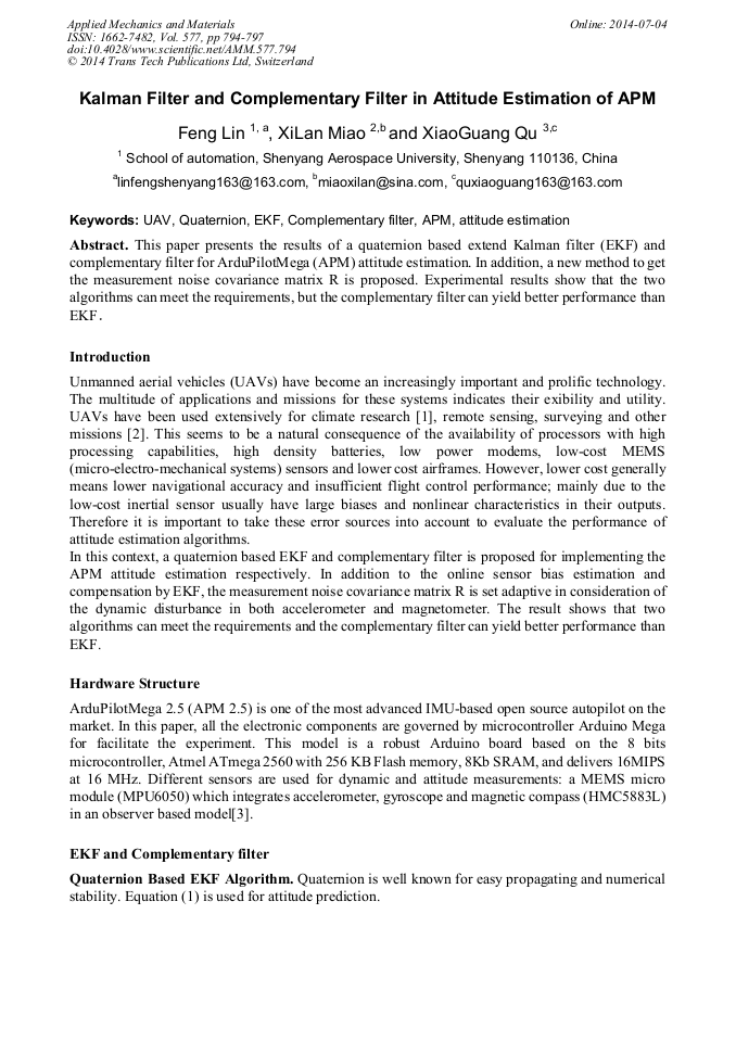 Kalman Filter and Complementary Filter in Attitude Estimation of APM ...