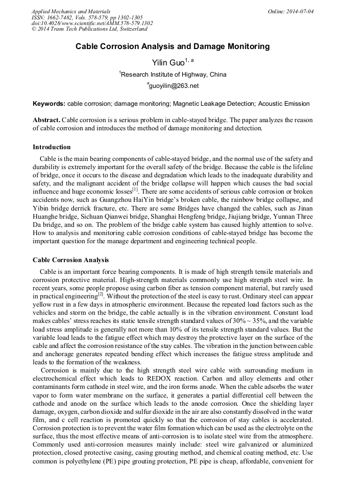 Cable Corrosion Analysis and Damage Monitoring | Scientific.Net