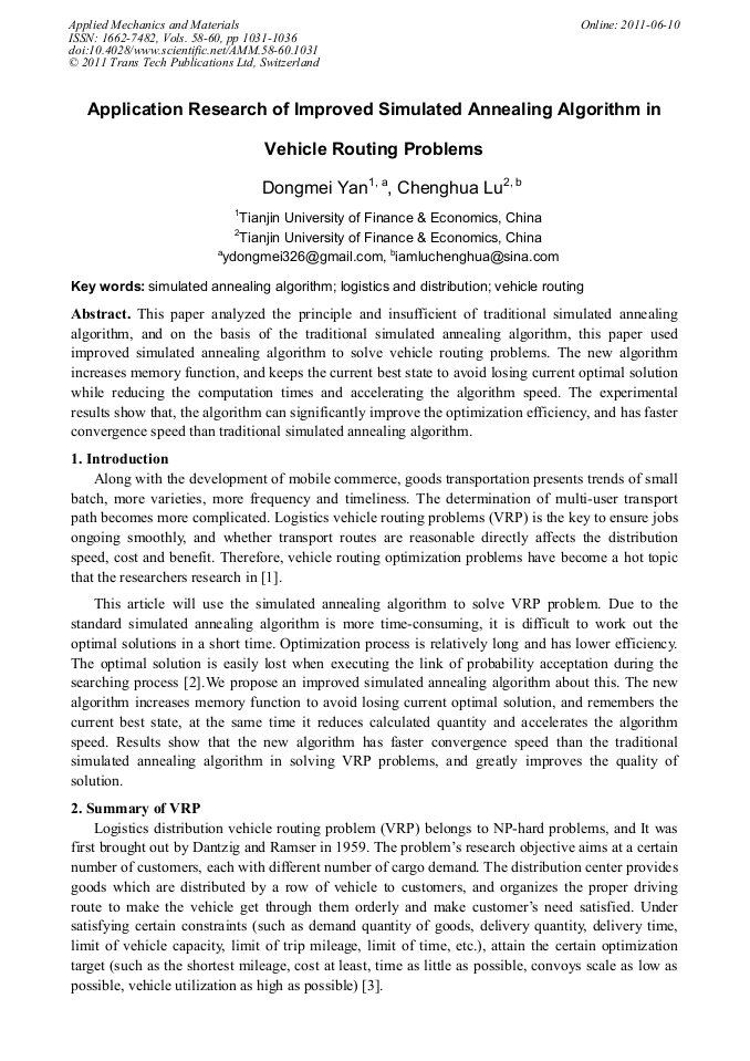 Application Research of Improved Simulated Annealing Algorithm in Vehicle Routing Problems ...
