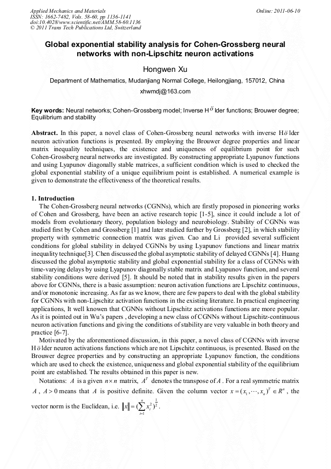Global Exponential Stability Analysis for Cohen-Grossberg Neural ...