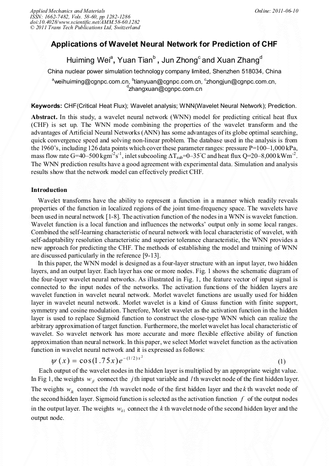Applications of Wavelet Neural Network for Prediction of CHF | Scientific.Net