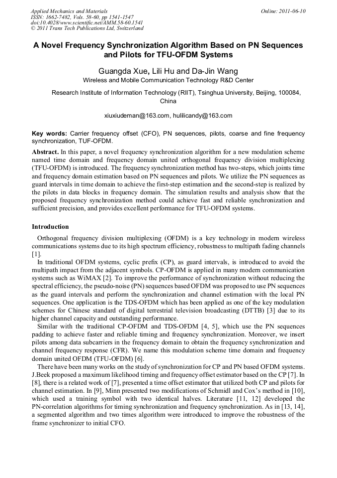 A Novel Frequency Synchronization Algorithm Based on PN Sequences and Pilots for TFU-OFDM ...