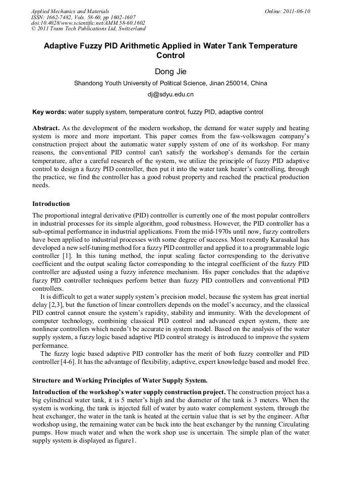 Adaptive Fuzzy PID Arithmetic Applied in Water Tank Temperature Control ...