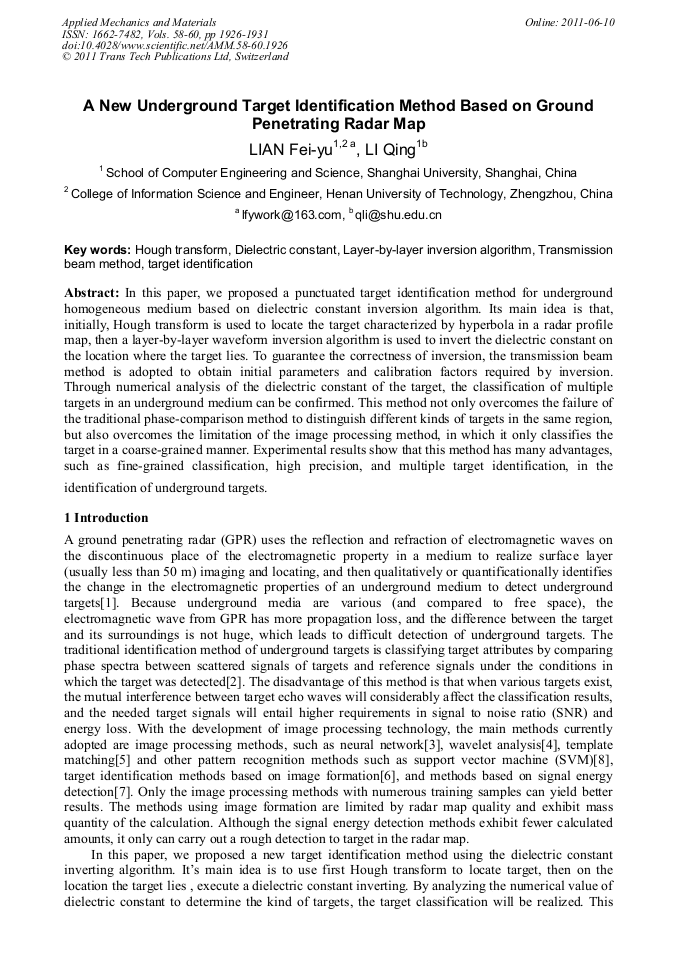 A New Underground Target Identification Method Based on Ground ...