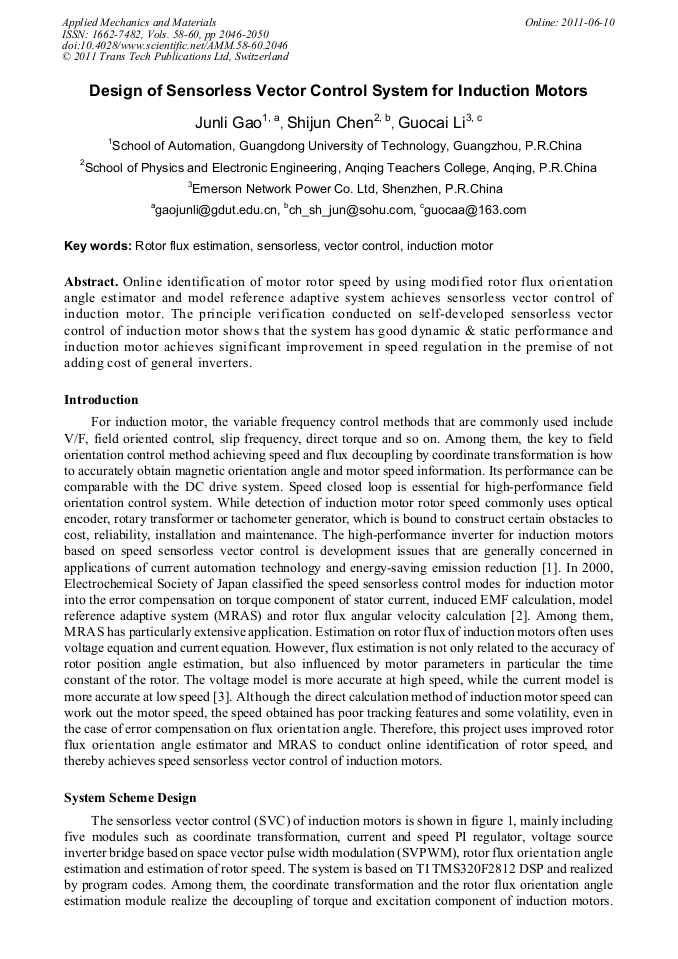 Design of Sensorless Vector Control System for Induction Motors ...