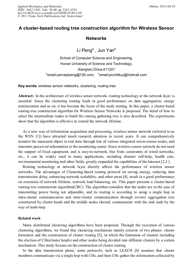 A Cluster-Based Routing Tree Construction Algorithm for Wireless Sensor Networks | Scientific.Net