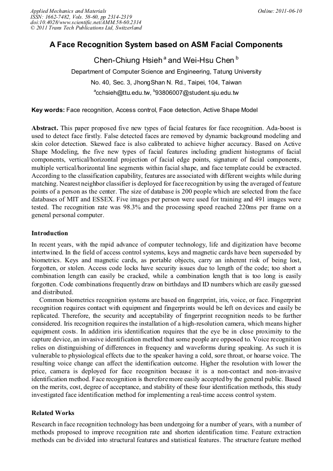 A Face Recognition System Based on ASM Facial Components | Scientific.Net