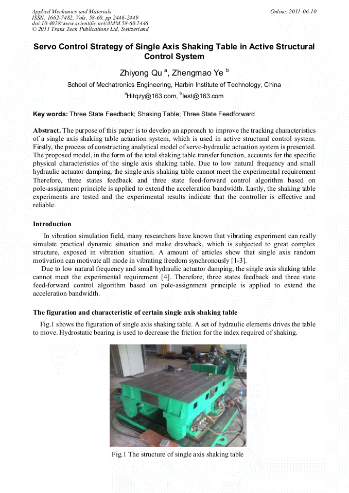 Servo Control Strategy of Single Axis Shaking Table in Active Structural Control System ...