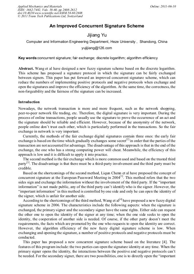 An Improved Concurrent Signature Scheme | Scientific.Net