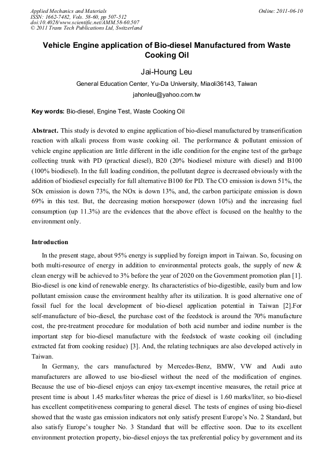 Vehicle Engine Application of Bio-Diesel Manufactured from Waste ...