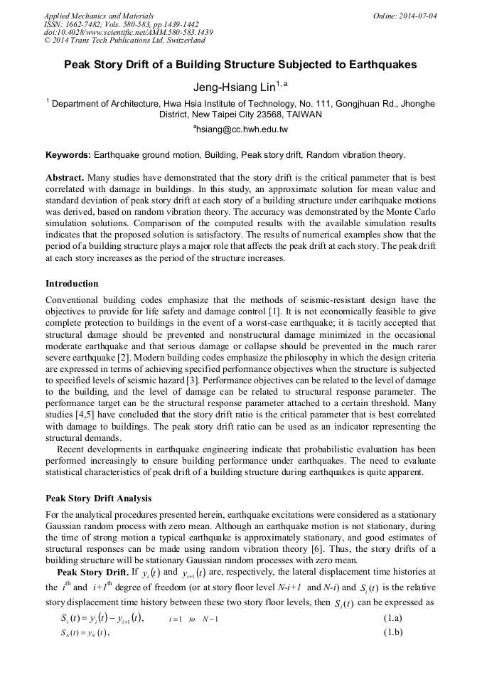 Peak Story Drift of a Building Structure Subjected to Earthquakes ...