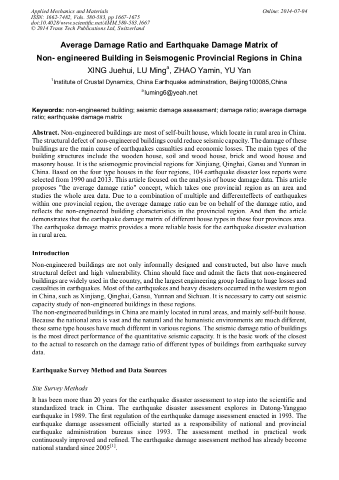 Average Damage Ratio and Earthquake Damage Matrix of Non-Engineered ...