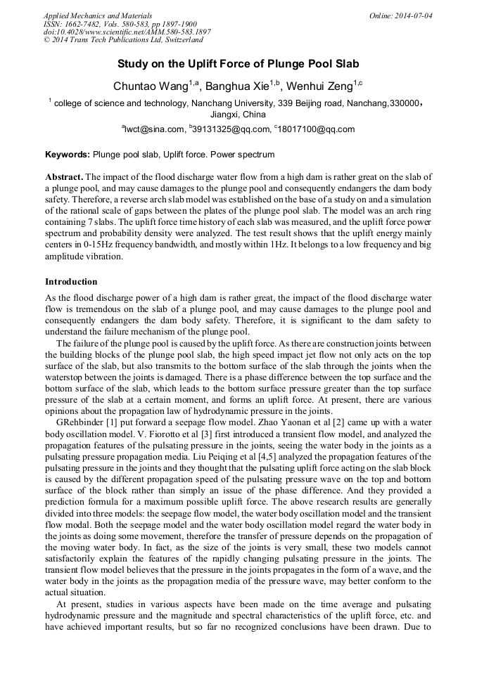 Study on the Uplift Force of Plunge Pool Slab | Scientific.Net