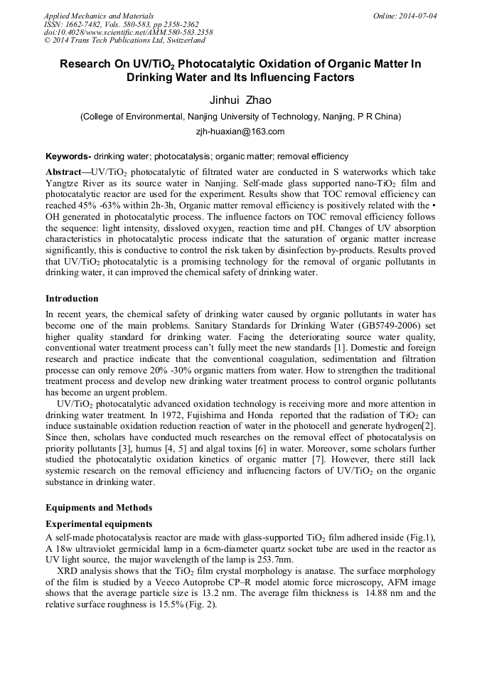 Research on UV/TiO2 Photocatalytic Oxidation of Organic Matter in ...