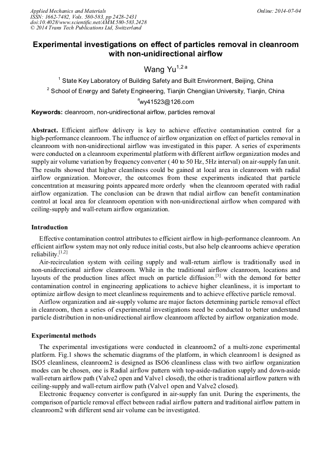 Experimental Investigations on Effect of Particles Removal in Cleanroom ...