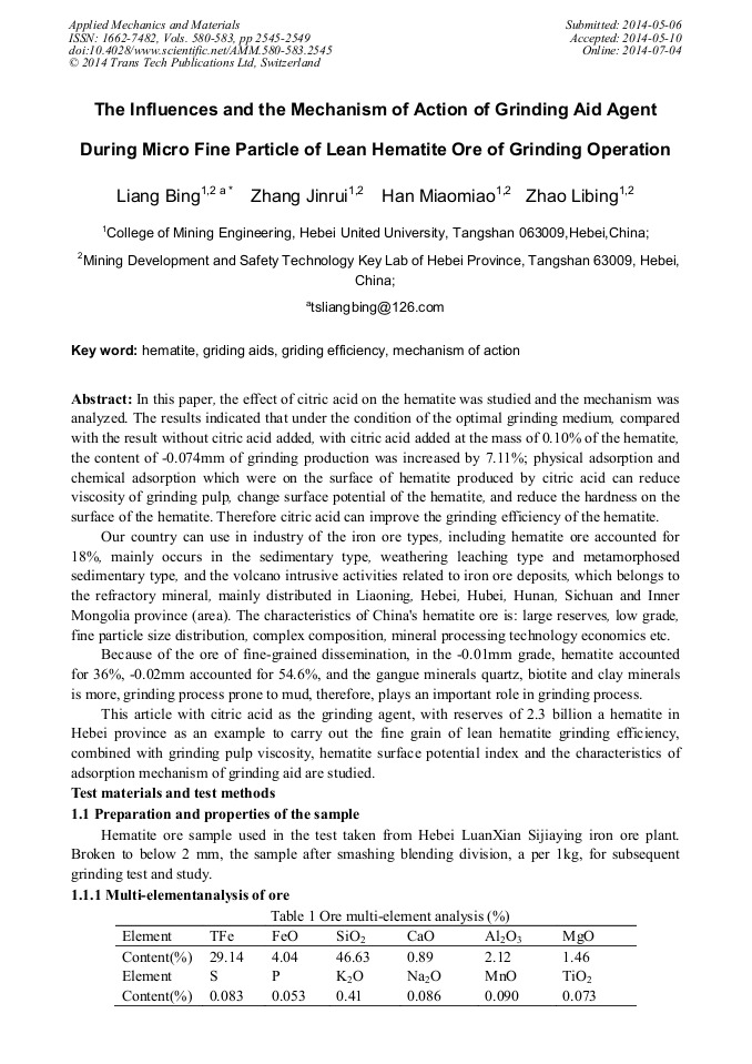 The Influences and the Mechanism of Action of Grinding Aid Agent during ...
