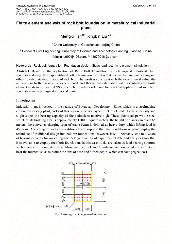 Finite Element Analysis of Rock Bolt Foundation in Metallurgical ...