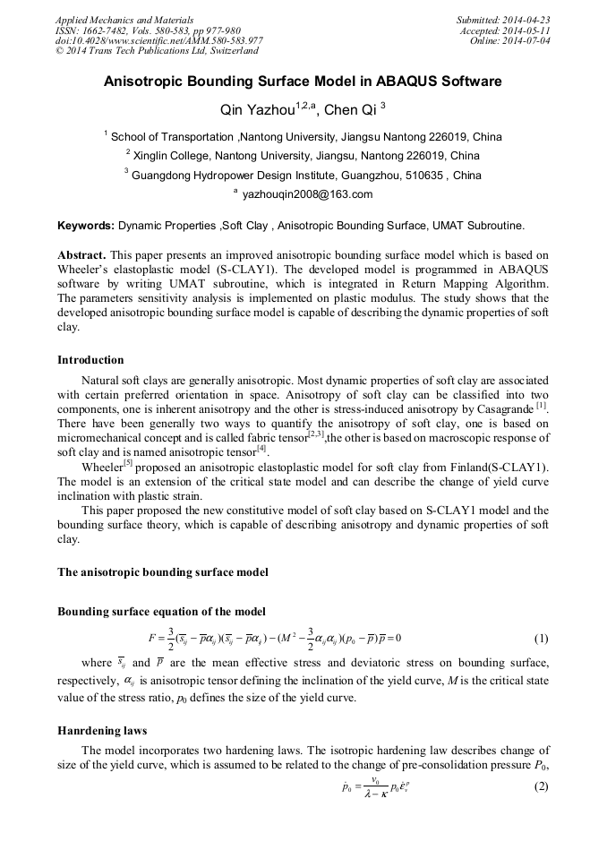 Anisotropic Bounding Surface Model in ABAQUS Software | Scientific.Net