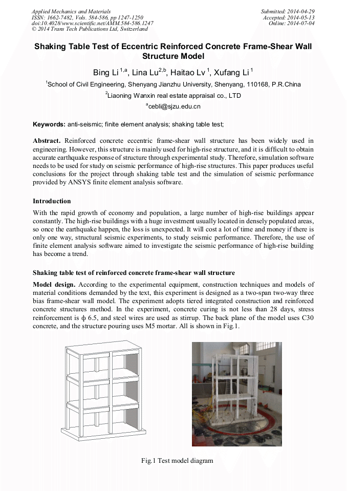 Shaking Table Test of Eccentric Reinforced Concrete Frame-Shear Wall ...