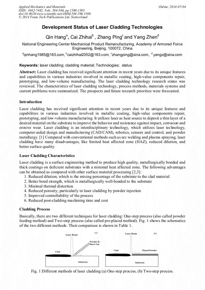 Development Status of Laser Cladding Technologies | Scientific.Net