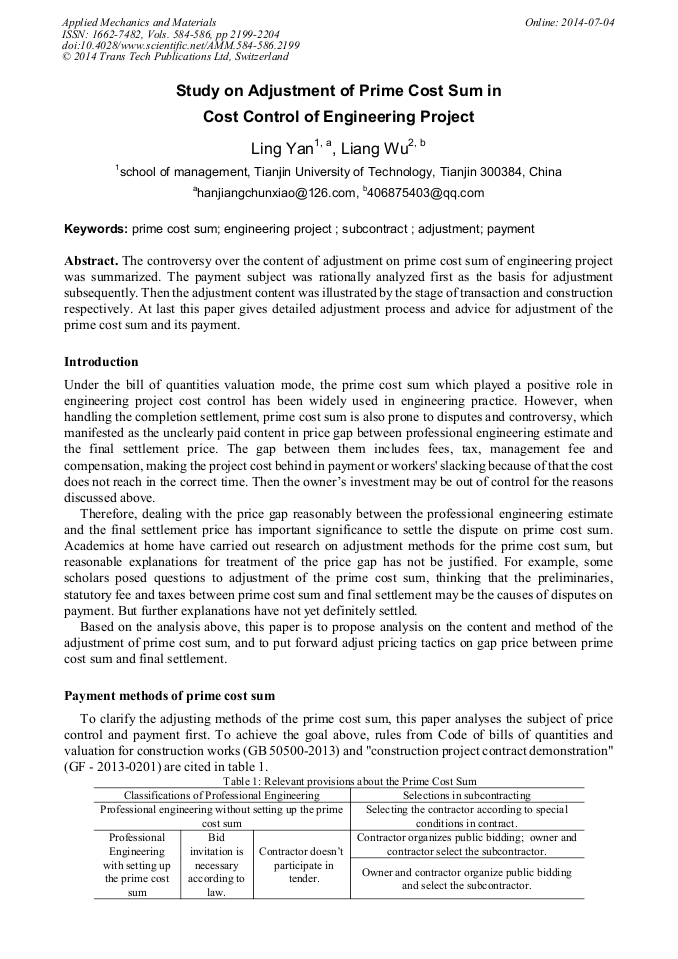 Study on Adjustment of Prime Cost Sum in Cost Control of Engineering ...