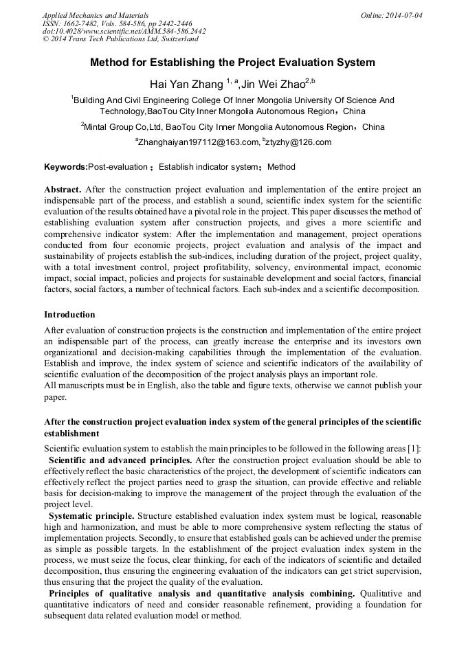 Method for Establishing the Project Evaluation System | Scientific.Net