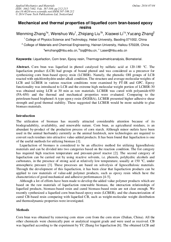 Mechanical and Thermal Properties of Liquefied Corn Bran-Based Epoxy ...