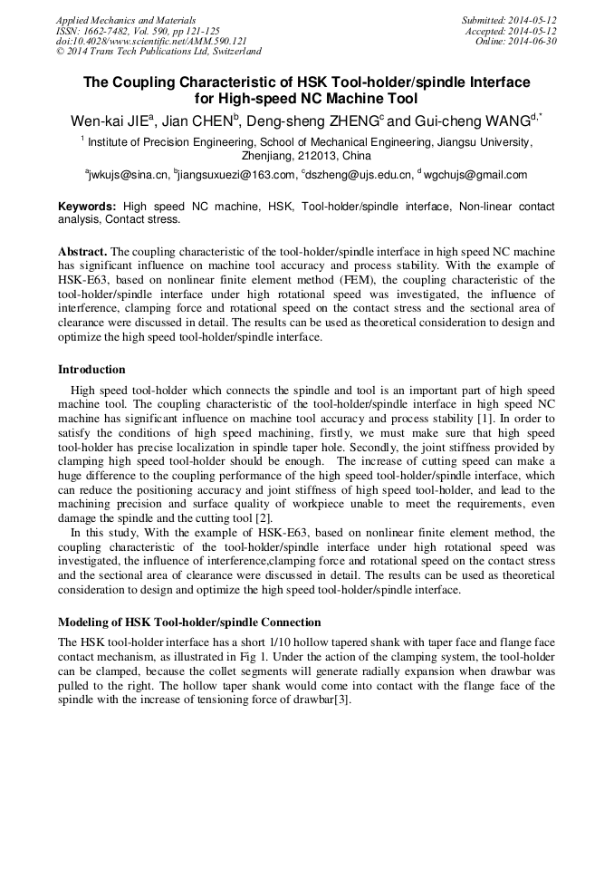 The Coupling Characteristic of HSK Tool-Holder/Spindle Interface for ...
