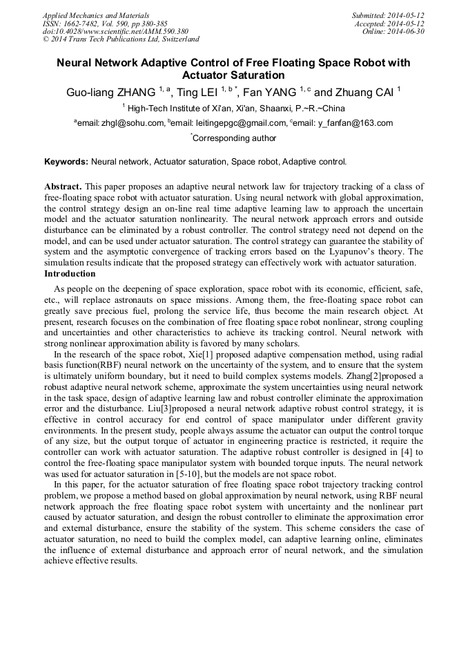 Neural Network Adaptive Control of Free Floating Space Robot with Actuator Saturation ...