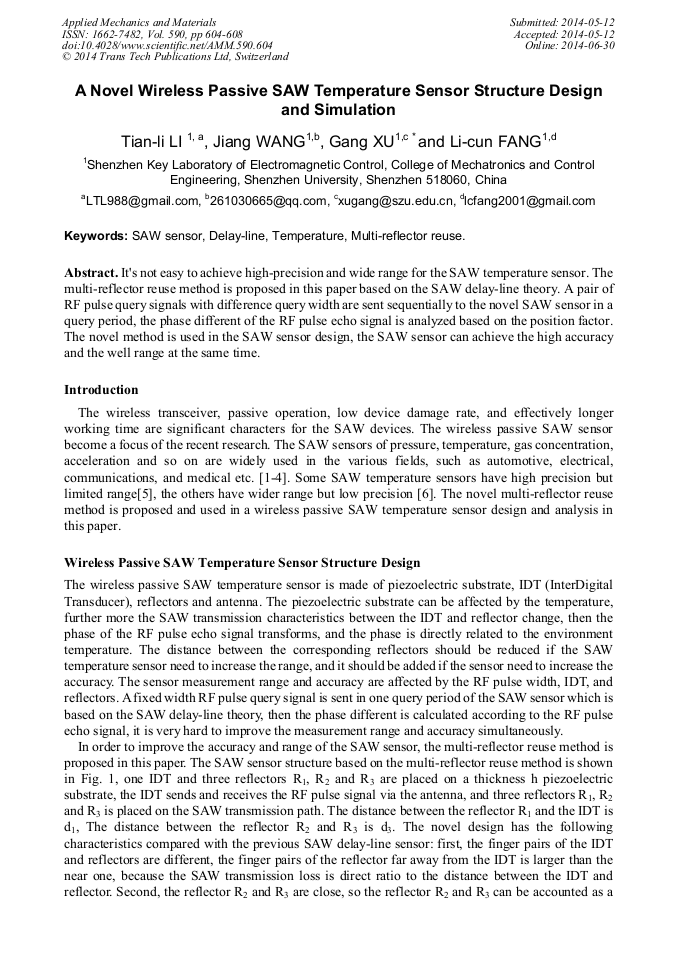 A Novel Wireless Passive SAW Temperature Sensor Structure Design and ...