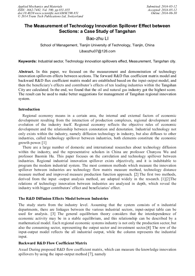 The Measurement of Technology Innovation Spillover Effect between ...