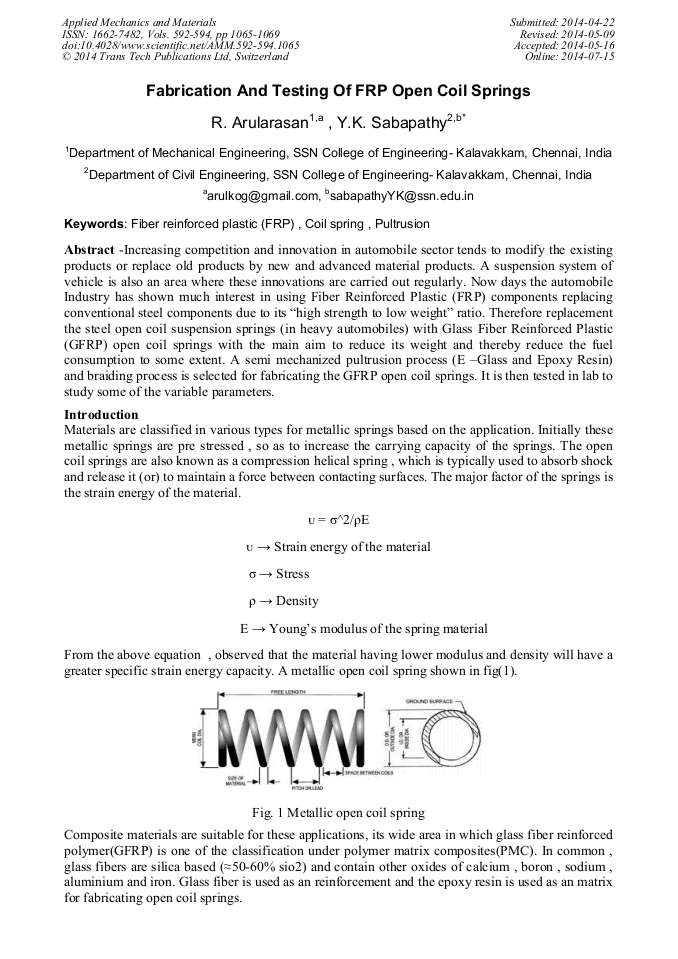 Fabrication and Testing of FRP Open Coil Springs | Scientific.Net