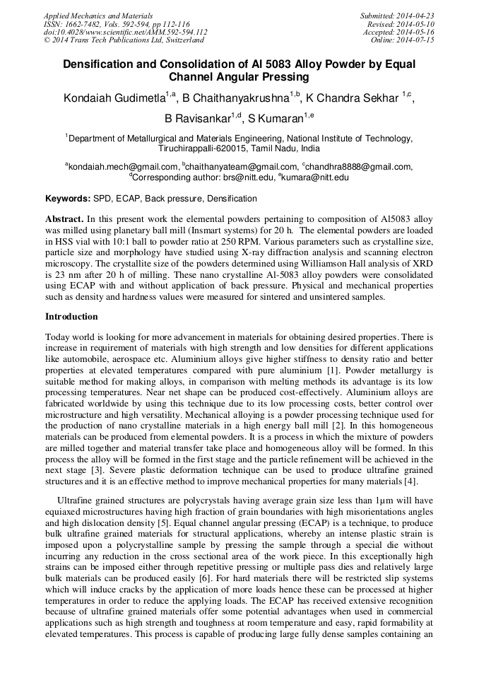 Densification and Consolidation of Al 5083 Alloy Powder by Equal ...