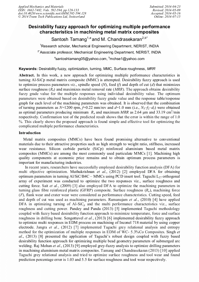 Desirability Fuzzy Approach for Optimizing Multiple Performance Characteristics in Machining ...