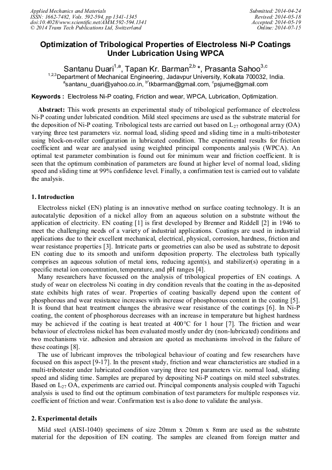 Optimization of Tribological Properties of Electroless Ni-P Coatings under Lubrication Using ...