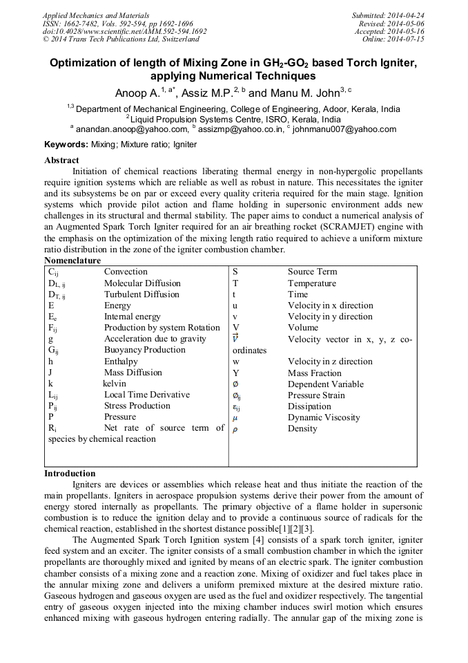 Optimization of Length of Mixing Zone in GH2-GO2 Based Torch Igniter ...