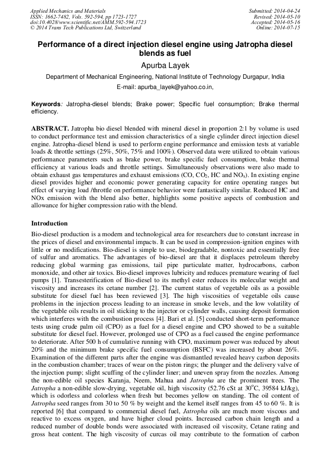 Performance of a Direct Injection Diesel Engine Using Jatropha Diesel ...