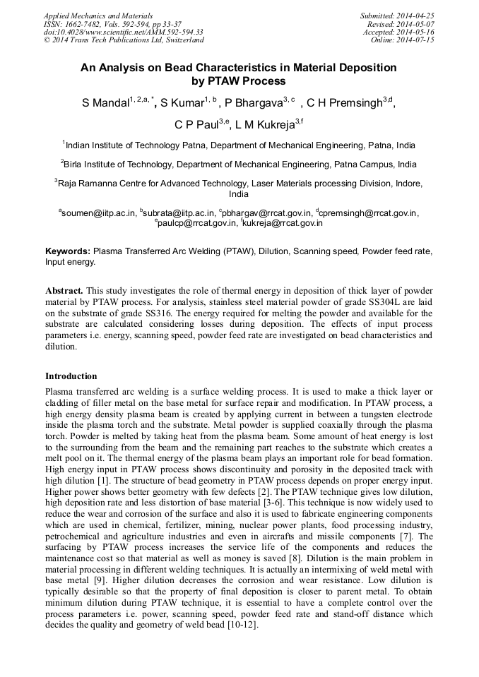 An Analysis on Bead Characteristics in Material Deposition by PTAW ...