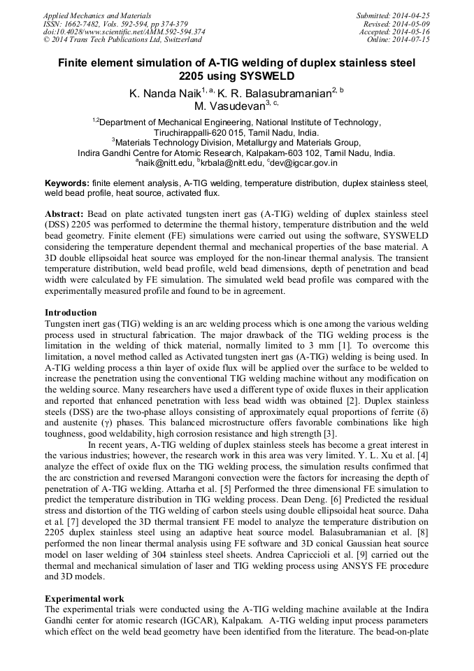 Finite Element Simulation of A-TIG Welding of Duplex Stainless Steel 2205 Using SYSWELD ...