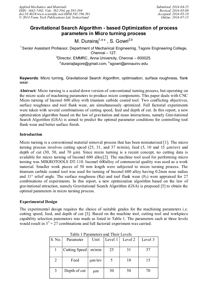 Gravitational Search Algorithm - Based Optimization of Process Parameters in Micro Turning ...