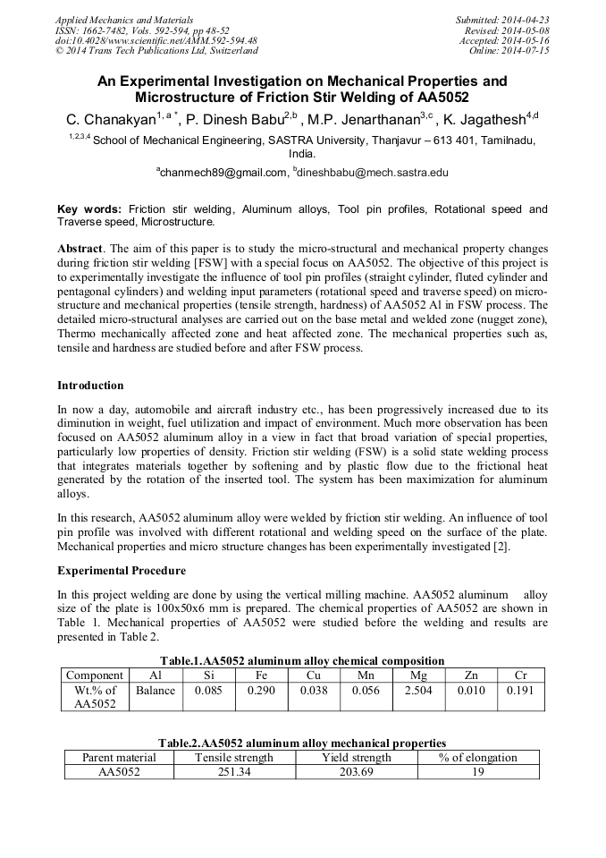 An Experimental Investigation on Mechanical Properties and Microstructure of Friction Stir ...