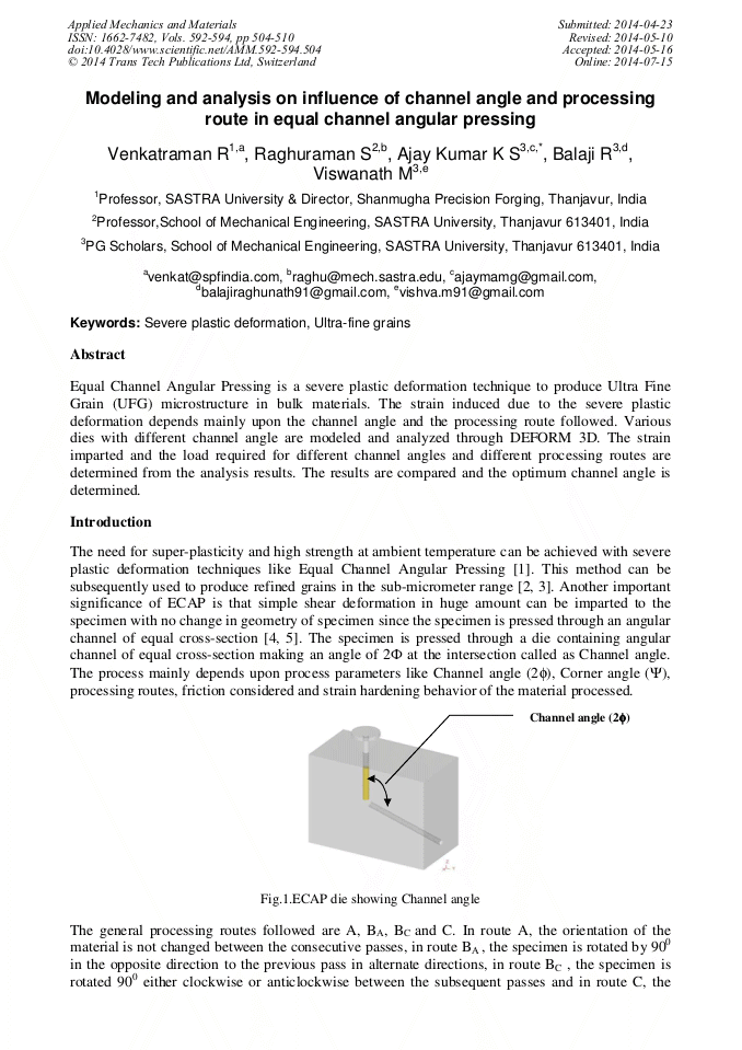 Modeling and Analysis on Influence of Channel Angle and Processing ...